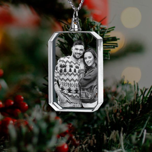 2D Engraved Rectangle Necklace: Photo Crystal Pendant